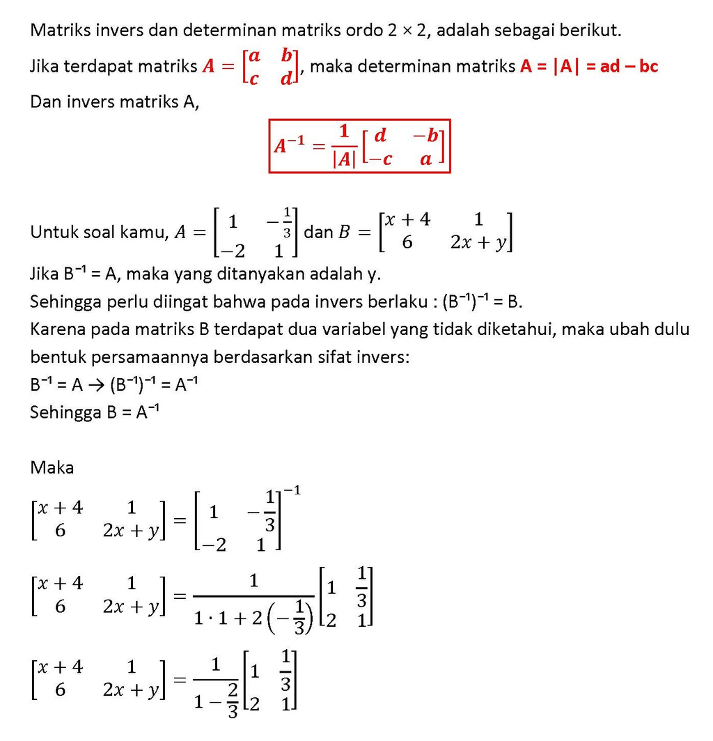 Diketahui matriks A=[(1 -1/3)(-2 1)] dan B=[(x+4 1...