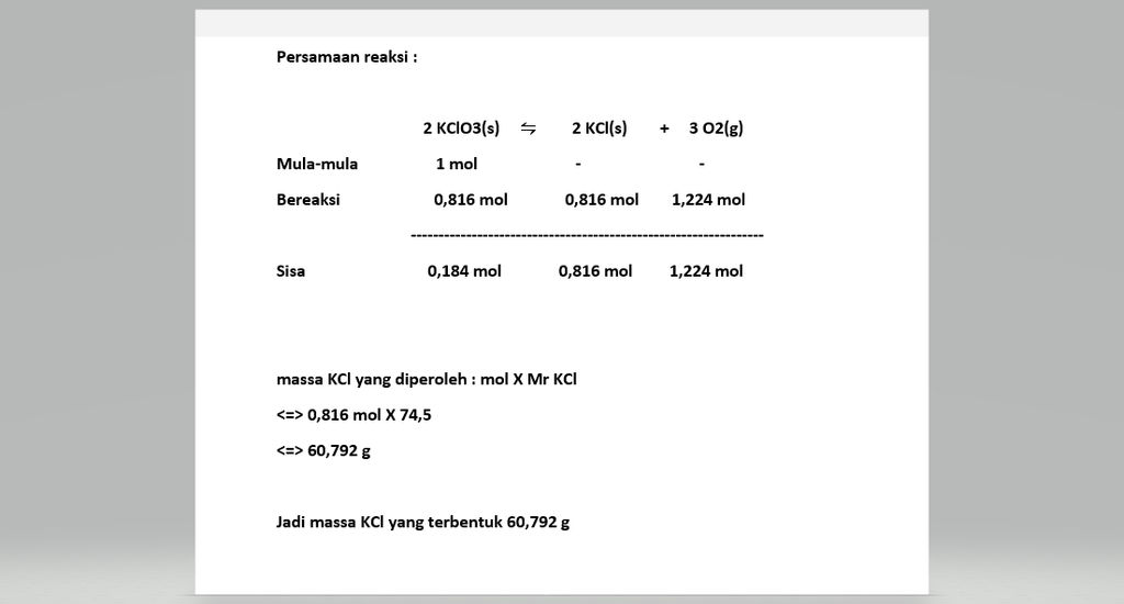 Bahan pemutih garam kalium klorat, KClO3 (1 mol