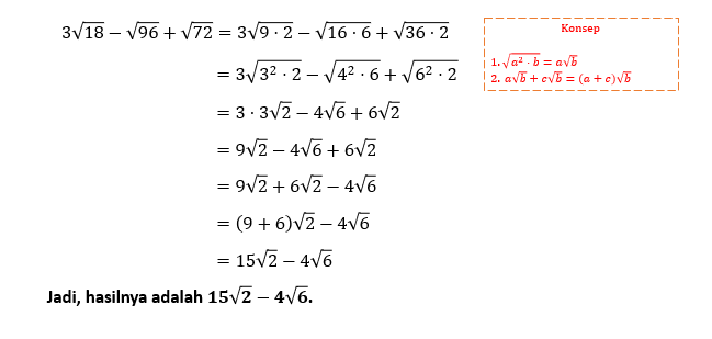 sederhanakan : 3 akar 18 - akar 96 + akar 72...