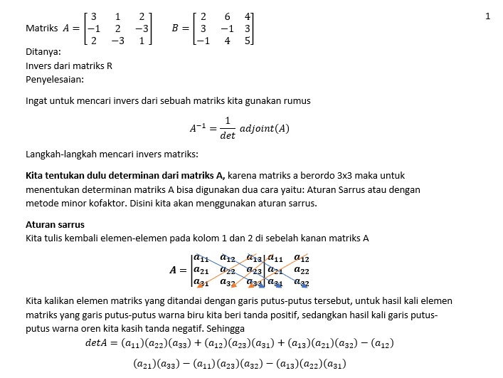 Diketahui matriks berordo 3x3, A=[(3 1 2)(-1 2 -3)...