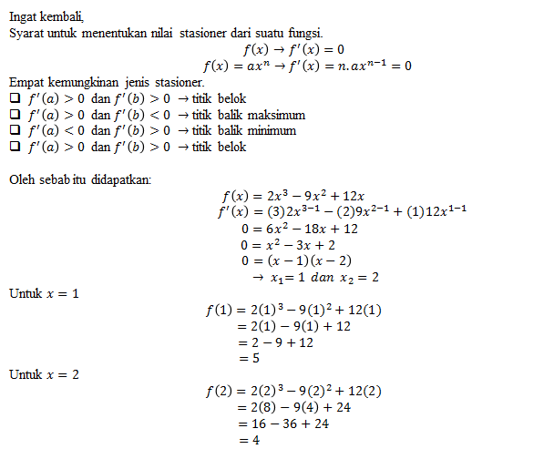 Tentukan nilai stasioner dan jenisnya pada fungsi ...