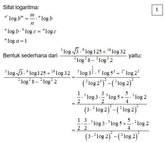 Bentuk sederhana dari (^(5)log√(3)⋅^(9)log125+^(16...