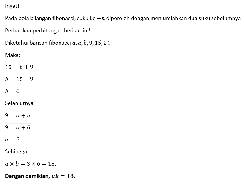 a,a,b,9,15,24 membentuk pola bilangan fibonacci ma...