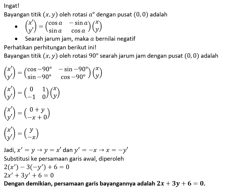 bayangan garis oleh dirotasi garis 2y -3x +6 = 0 d...