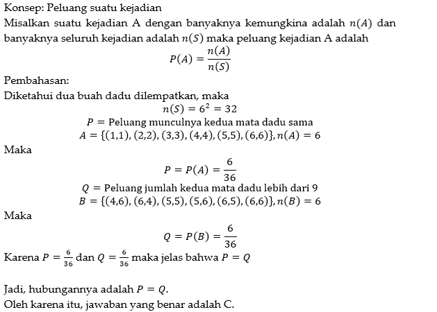 Dua dadu dilempar undi secara bersamaan. Hubungan ...