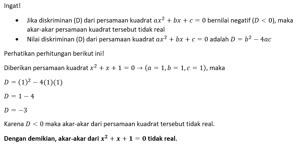 Tentukan jenis-jenis akar persamaan kuadrat beriku...