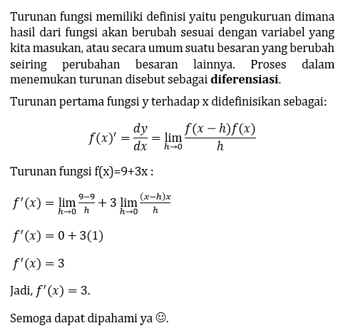 menggunakan definisi turunan, carilah nilai turuna...