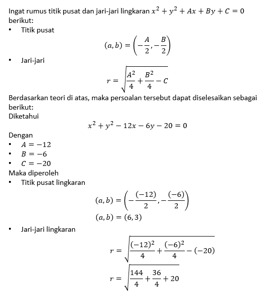 Tentukan koordinat titik pusat dan jari-jari lingk...