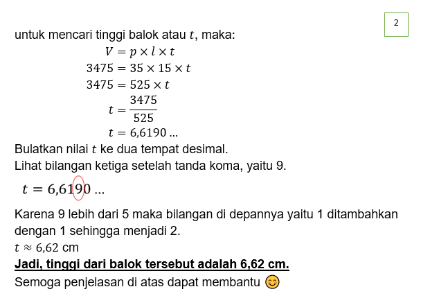 volume balok = 3475 dm panjang= 35 cm lebar =15 cm...