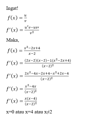 Fungsi f(x)=(x^(2)−2x+4)/(x−2) turun pada interval...