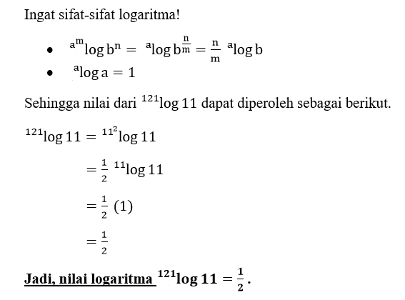 Hitunglah nilai logaritma berikut! f. ^121 log 11...