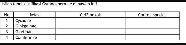 Isilah tabel klasifikasi gymnospermae di bawah ini... Isilah tabel klasifikasi gymnospermae di bawah ini...
