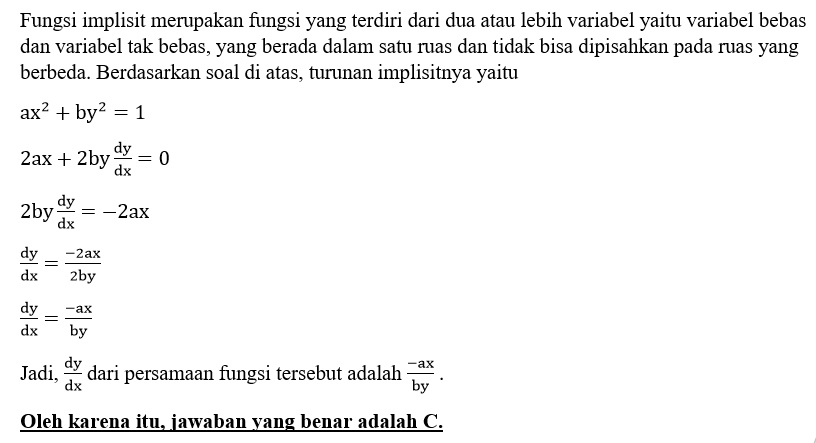 Tentukan (dy/)/(dx) dari persamaan fungsi implisit...