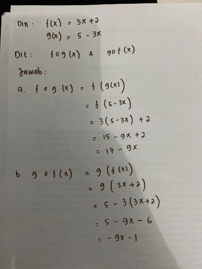 Dik: FX=3×+2 GX=5-3× Tentukan: fog(x) gof(x)...