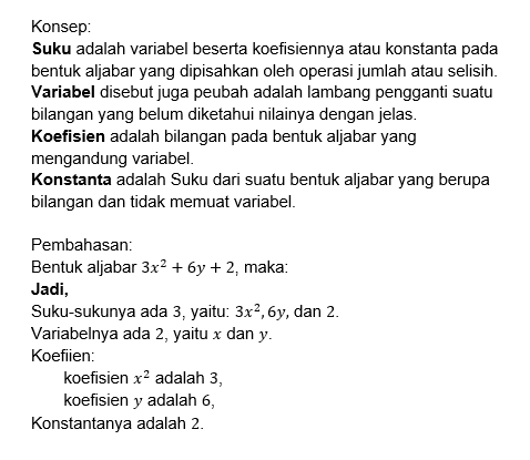 Tentukanlah suku, variabel, koefisien, dan konstan...
