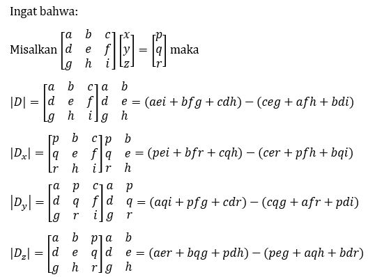Dengan metode determinan tentukan nilai x−y+z dari...