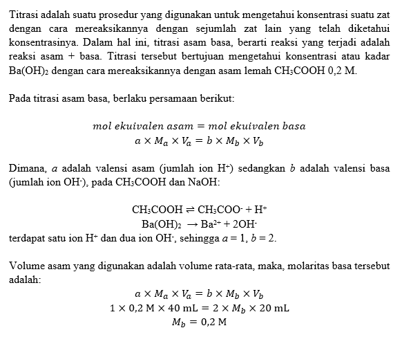 Berikut ini data hasil titrasi larutan Ba(OH)2 den...