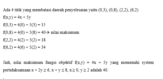 Nilai maksimum fungsi objektif f(x,y)= 4x+5y yang ...