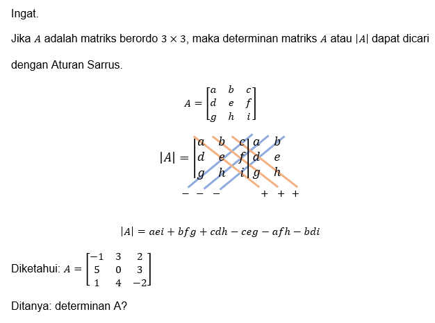 determinan matriks A=[ -1 3 2 ] adalah... 5 0 3 ...