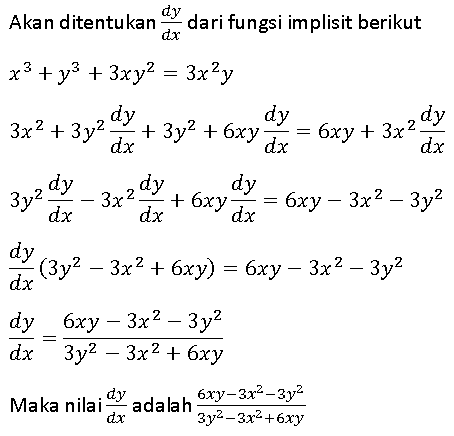 Tentukan (dy)/(dx) dari fungsi implisit berikut: x...