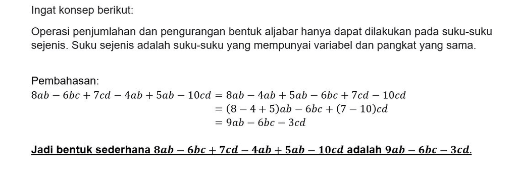 Bentuk sederhana 8ab-6bc+7cd-4ab+5ab-10cd...