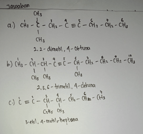 tuliskan struktur molekul untuk senyawa alkuna ber...