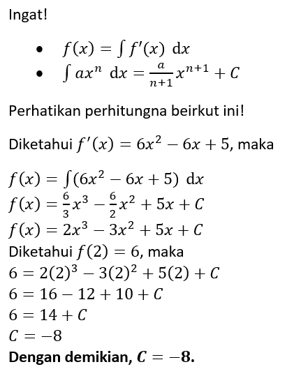Hasil perhitungan integral tak tentu dari f'(x)=6x...