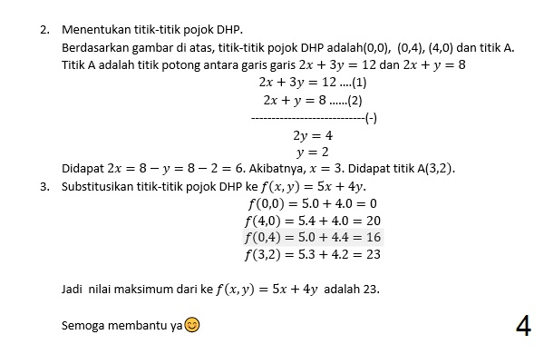 Nilai maksimum fungsi objektif f (x,y) = 5x + 4y p...