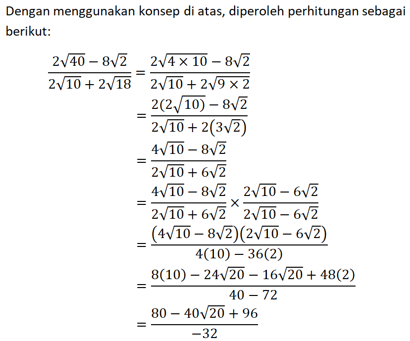 Bentuk sederhana 2√40 - 8√2 / 2√10 + 2√18 adalah...