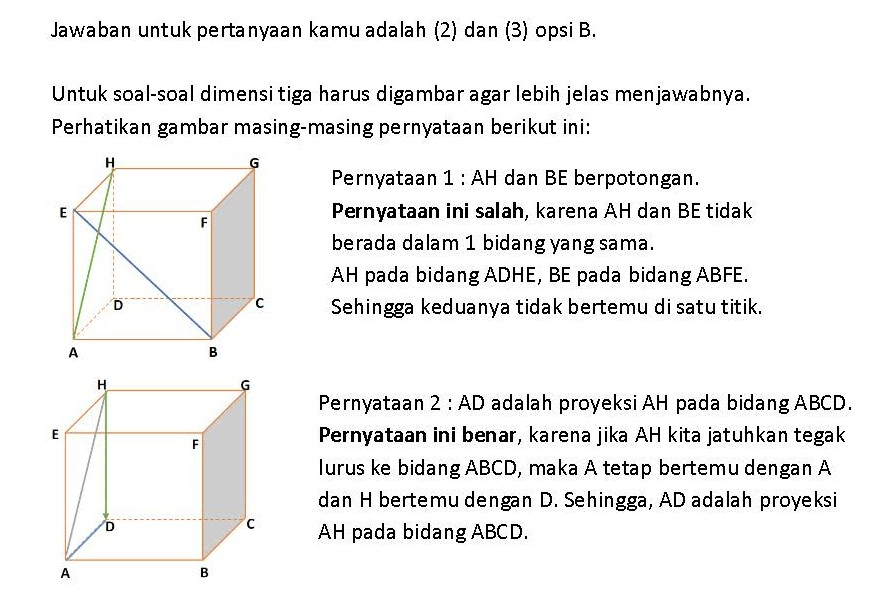 Diketahui kubus ABCD.EFGH. Dari pernyataan berikut...