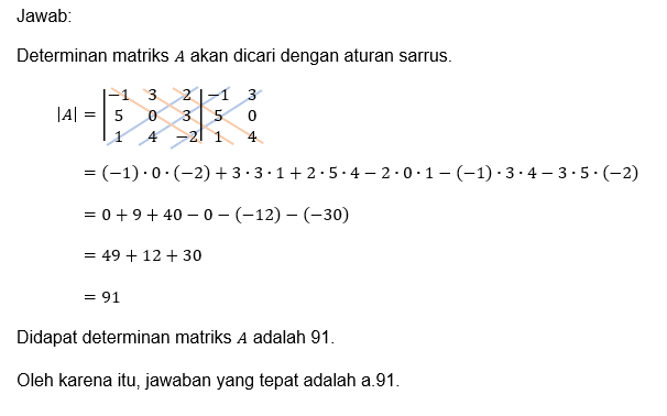 determinan matriks A=[ -1 3 2 ] adalah... 5 0 3 ...