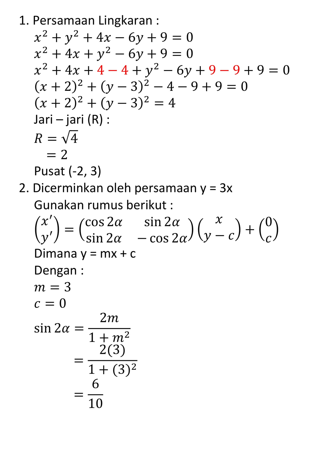 Lingkaran x²+y²+4x-6y+9=0 dicerminkan terhadap gar...