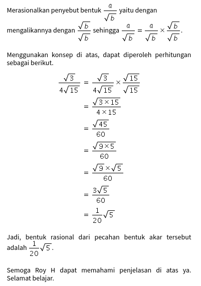 Rasionalkan pecahan bentuk akar berikut : (√3)/(4√...