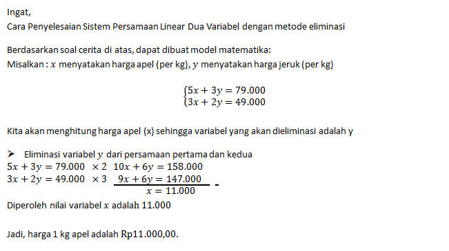 diketahui harga 5 kg apel dan 3kg jeruk Rp 79.000,... diketahui harga 5 kg apel dan 3kg jeruk Rp 79.000,...