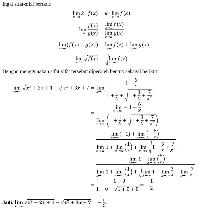 3. lim_(x→~) akar(x^(2)+2x+1)-akar(x^(2)+3x+7)...