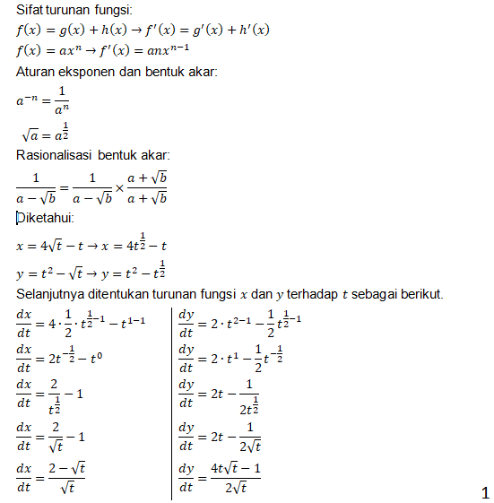 Turunan pertama dari fungsi parameter X=4√t - t, y...