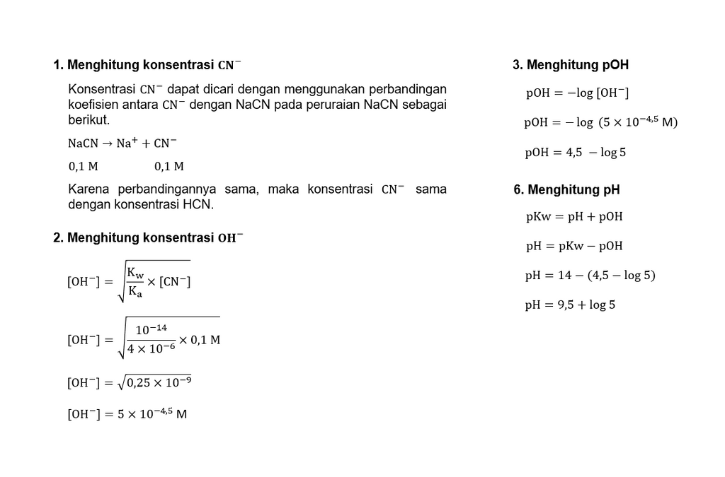 Berapakah pH larutan NaCN 0,1 M dengan Ka= 4 × 10^...