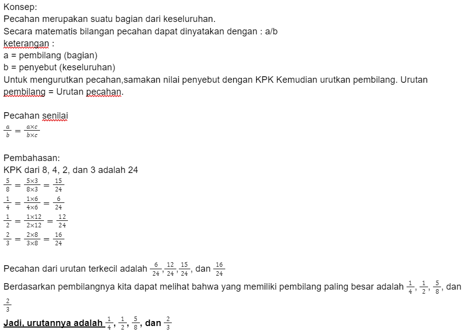 Urutkan bilangan-bilangan pecahan berikut dari ter...