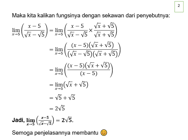 Nilai lim x=5 x-5/akar x-akar 5...