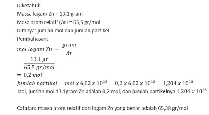 Suatu logam seng (Zn) memiliki massa 13,1 gram. Ji...
