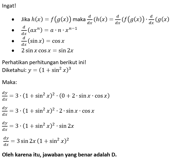 Bentuk (dy)/(dx) dari fungsi y=(1+sin²x)³ adalah