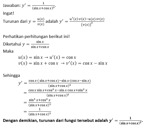 turunan pertama dari fungsi y = sin x / sin x + co...