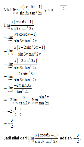 nilai limit x( cos6x-1)/sin3x tan^ 2 2x untuk x me...