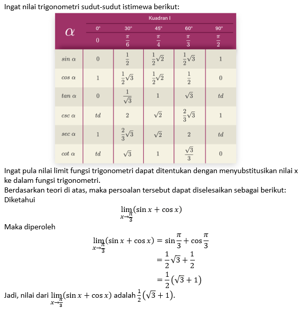 nilai lim (sin x + cos x ) adalah .... x= Π/3...