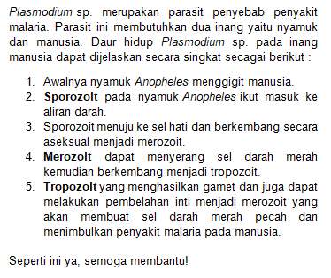 Dalam siklus hidup Plasmodium, sporozoit akan memb...