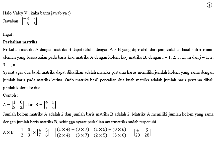 Jika matriks berordo 2x2, A=[(1 -1)(2 -2)] dan B=[...