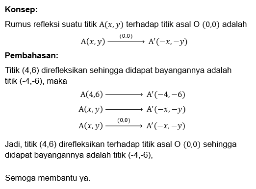 Titik (4,6) adalah bayangan dari titik (-4,-6) yan...