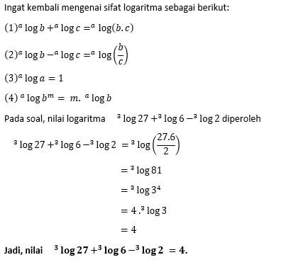 1. tentukan nilai logaritma berikut: a. ^3 log 27 ...