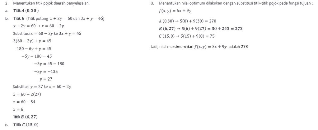 Nilai maksimum dari fungsi tujuan f(x,y)= 5x+9y pa...