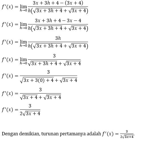 tentukan turunan pertama dari f(x)=√3x+4 dengan ru...